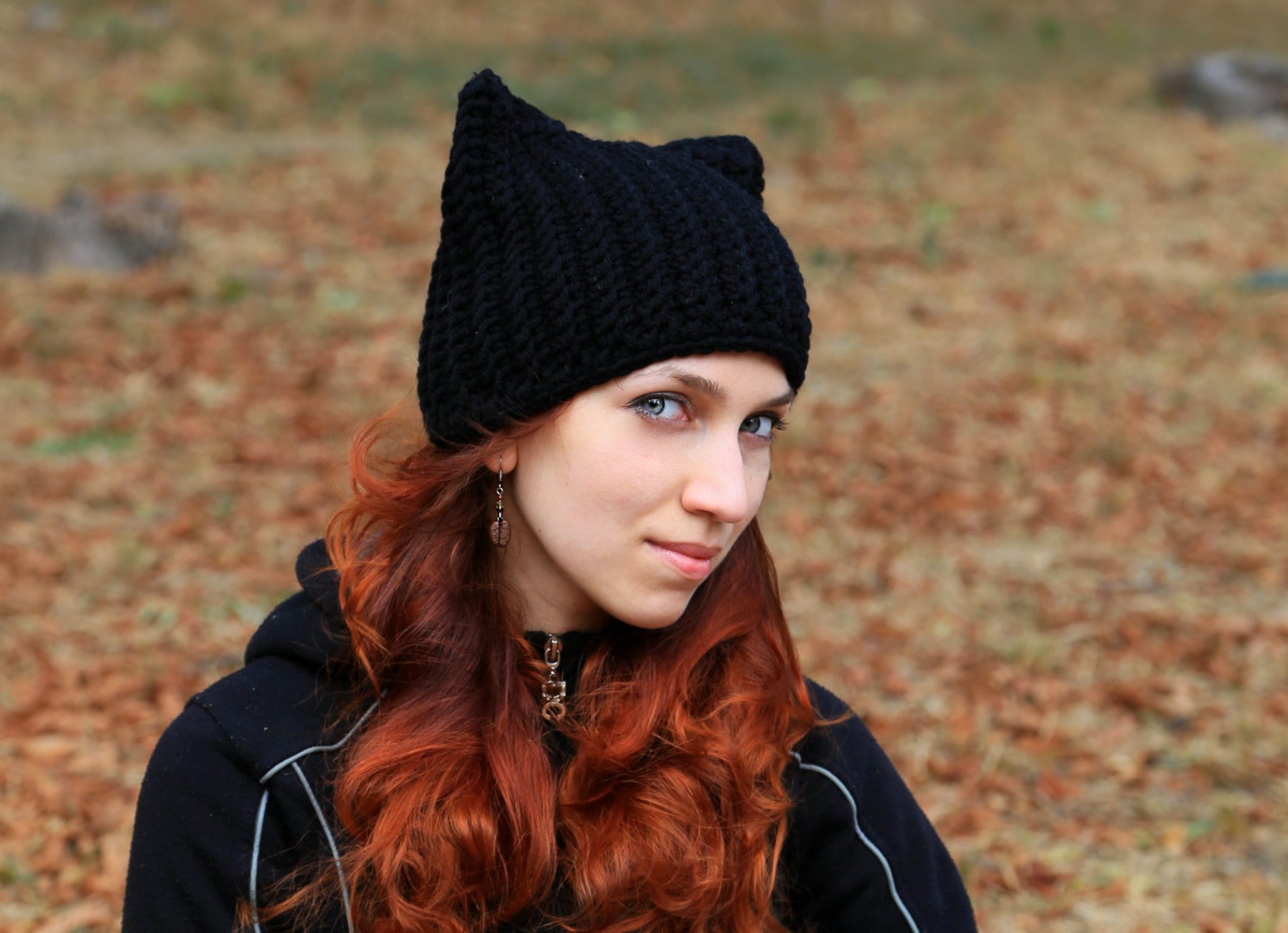 Handmade winter Black Hat with cat ears | Etsy