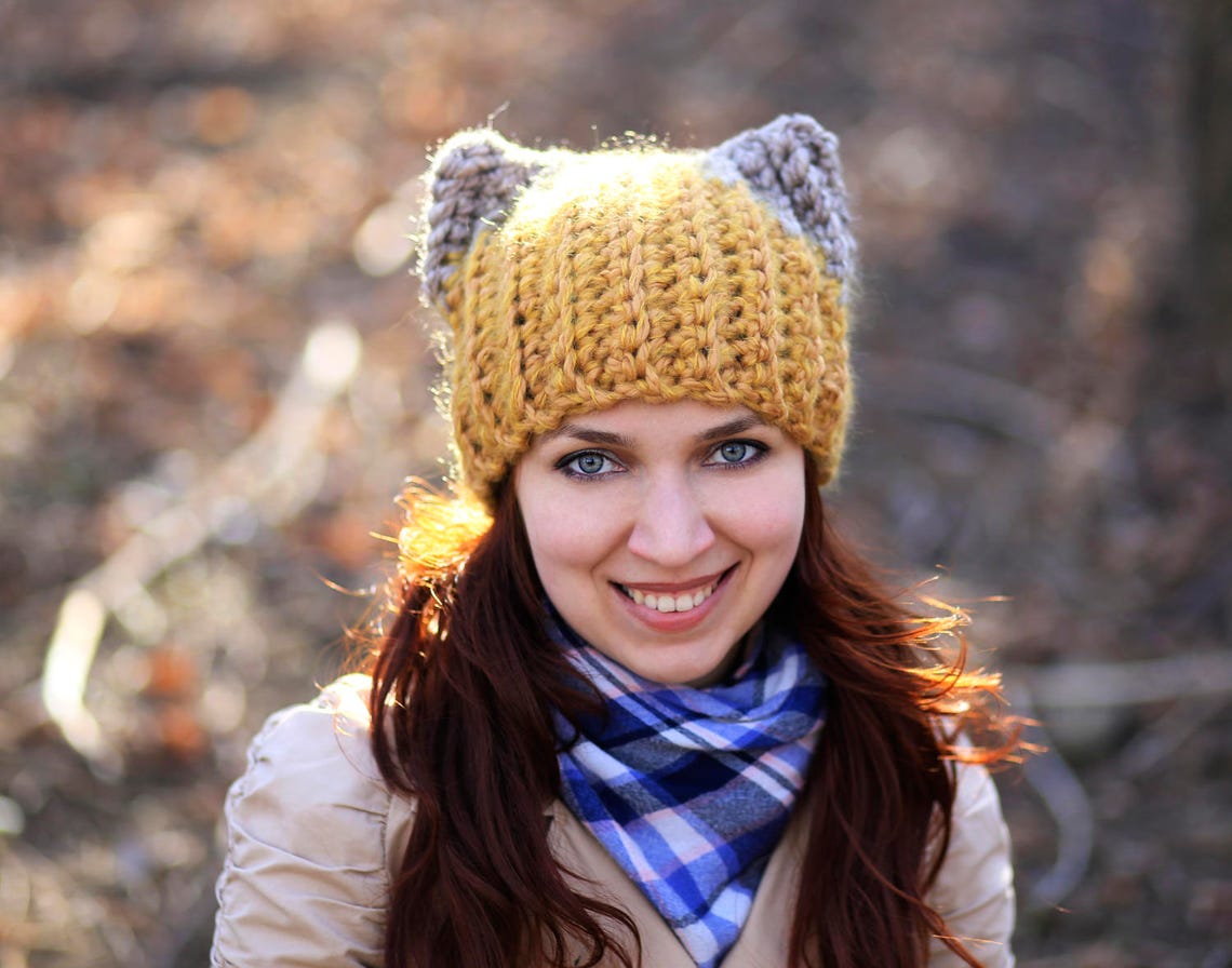 Chunky Yellow Cat Hat With Beige Ears Handmade Adult Fashion - Etsy