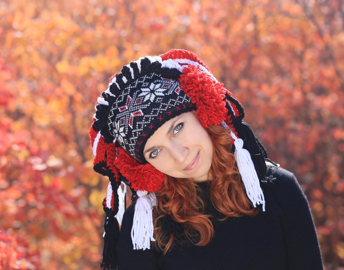 Black Red White Crochet Ornament Hat Ethnical Cold Weather - Etsy