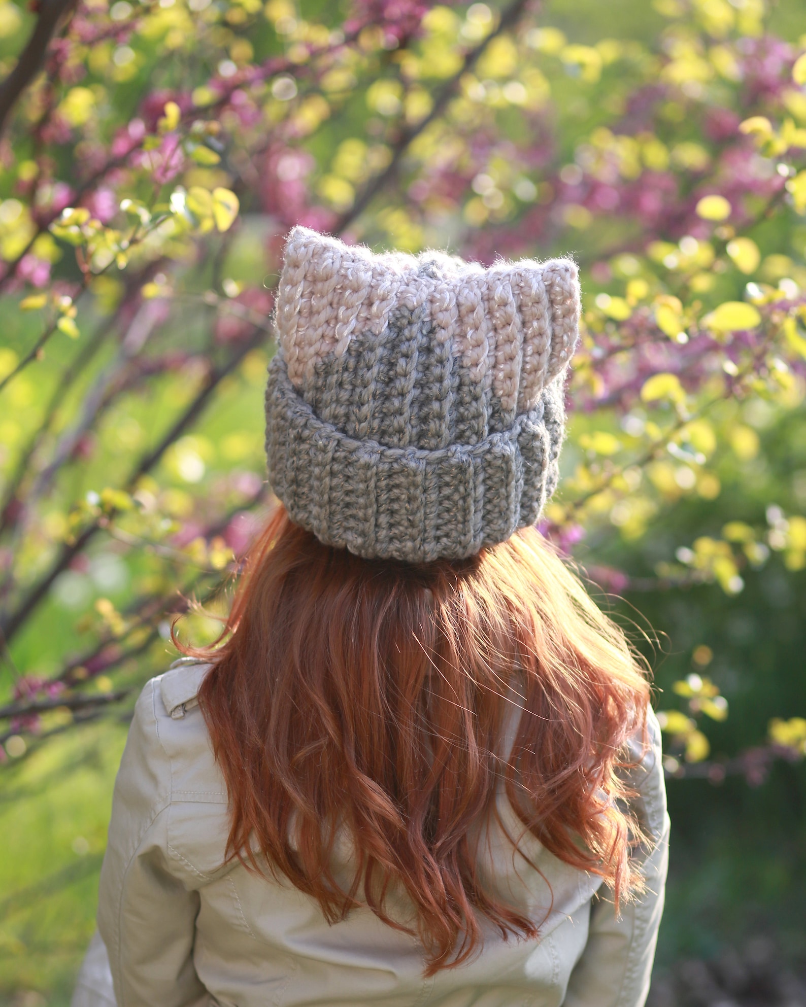 Adult Crocheted Beige Spring Hat With Pink Cat Ears Gray Owl - Etsy