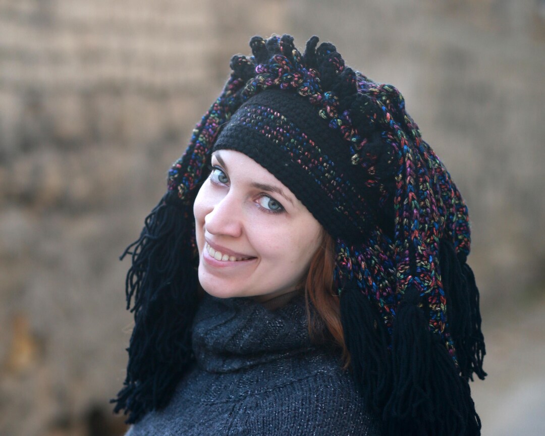 Unique Crochet Headdress - Adult Shaman Slouchy Beanie in Black and ...