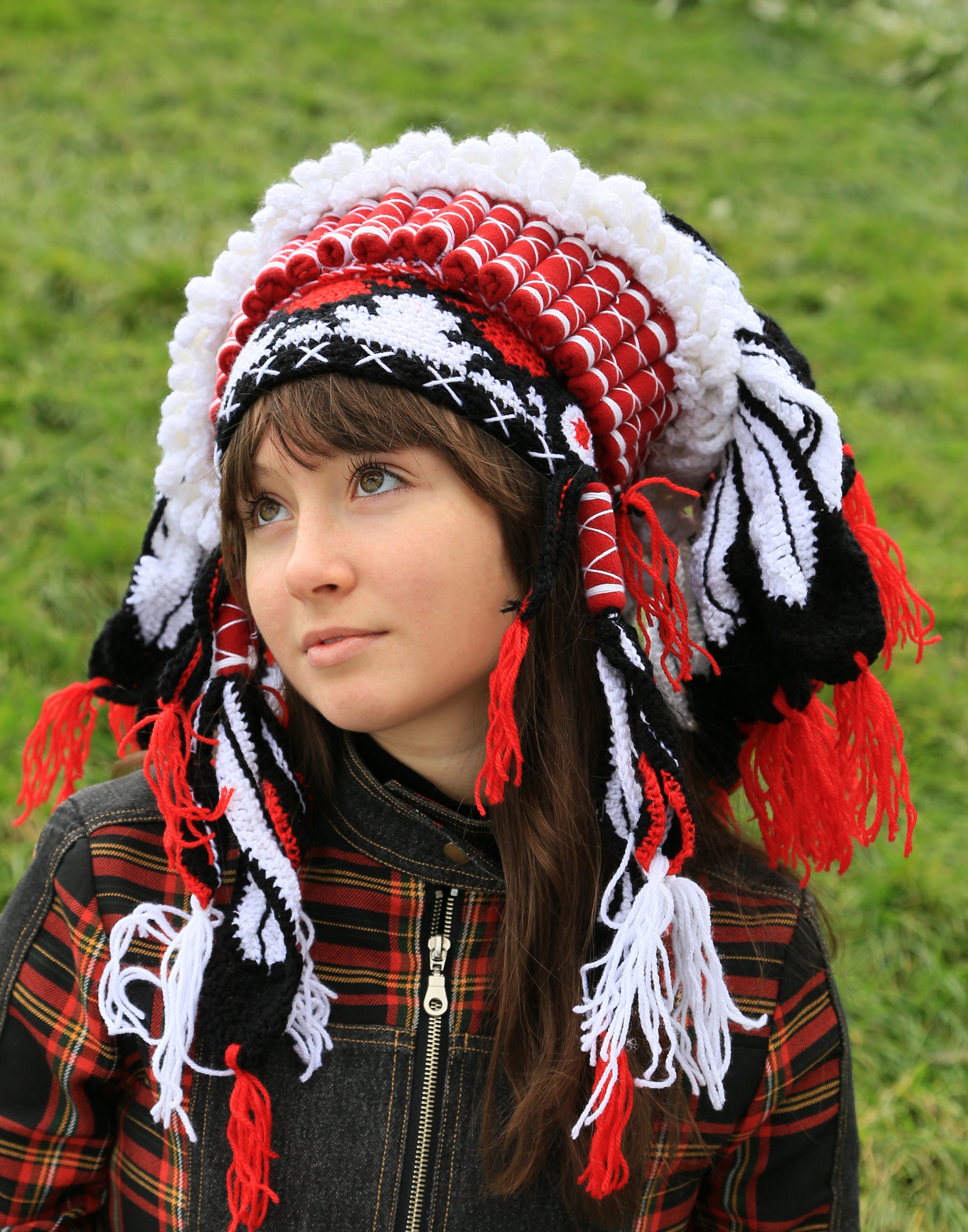 Winter Red White Black Crochet Beanie Native Style Chief Hat - Etsy