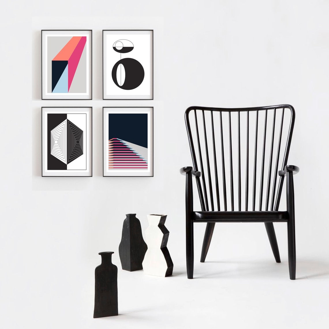 Set of 4 Prints, Pack of 4 Graphic Prints, Gallery Wall Prints, Black ...