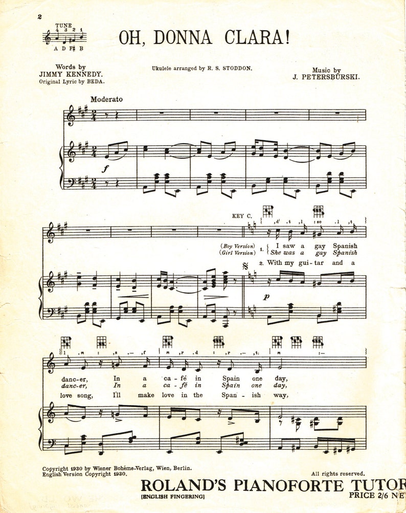 Oh Donna Clara. For Voice and Piano. Sheet Music Download. | Etsy