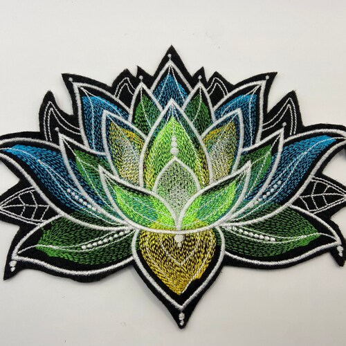 Large Embroidered Lotus Flower Patch Green / Blue - Etsy