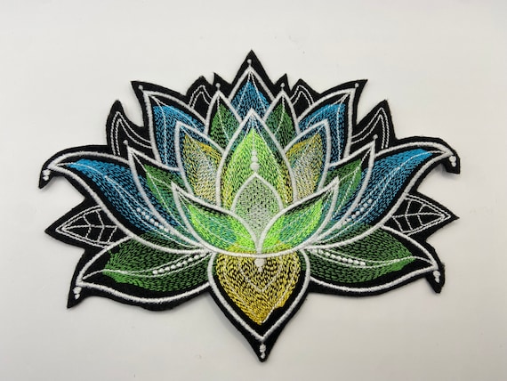 Large Embroidered Lotus Flower Patch Green / Blue | Etsy