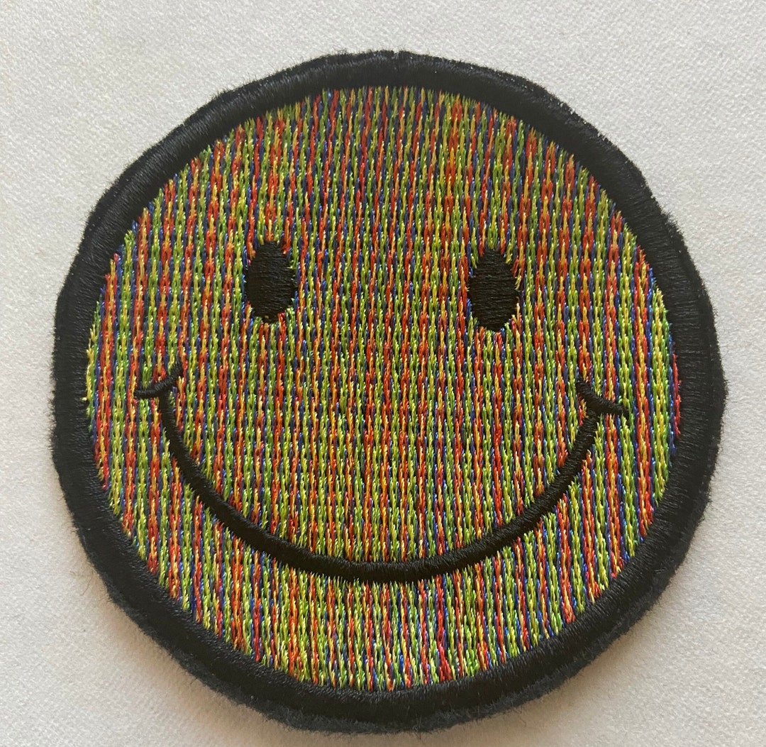Embroidered Variegated Thread Happy Face Patch-large Blue, Red, Green ...