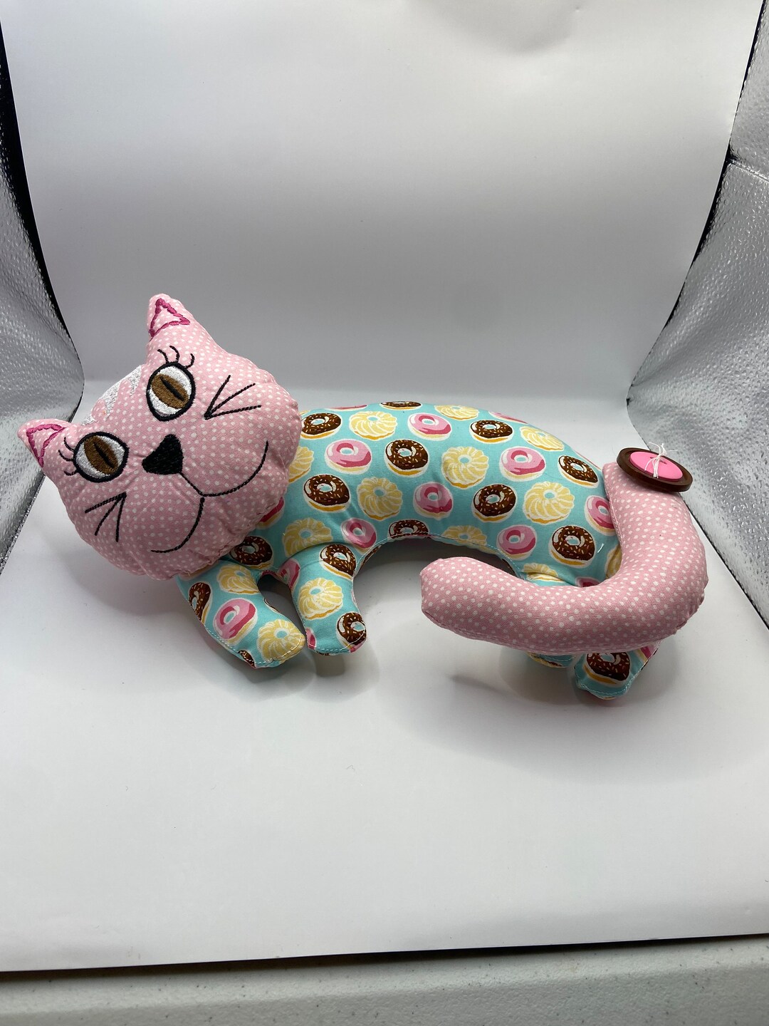 Donut, Doughnut Cat Stuffed Fabric Cat - Embroidered - Accent Buttons ...