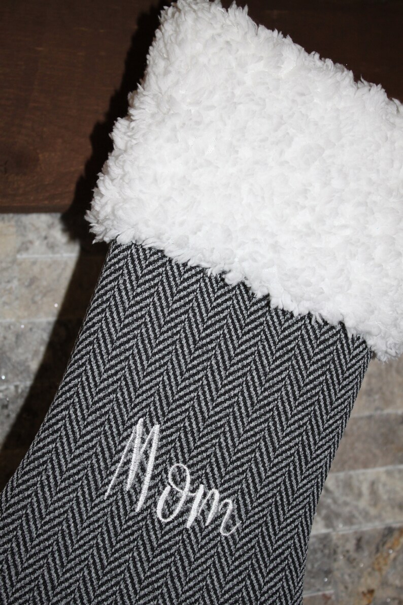 Black Gray Herringbone White Fur Christmas Stocking, Personalized ...