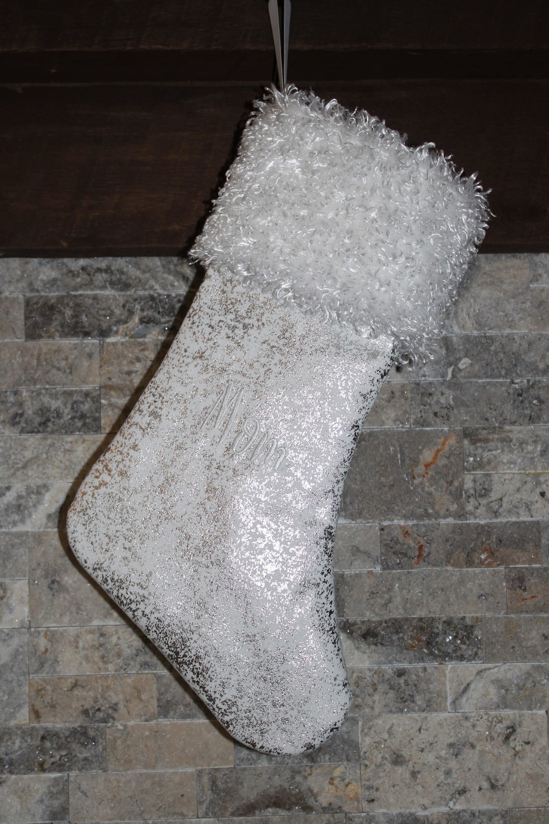 White Silver Fur Cuff Christmas Stocking, Personalized Custom Name ...
