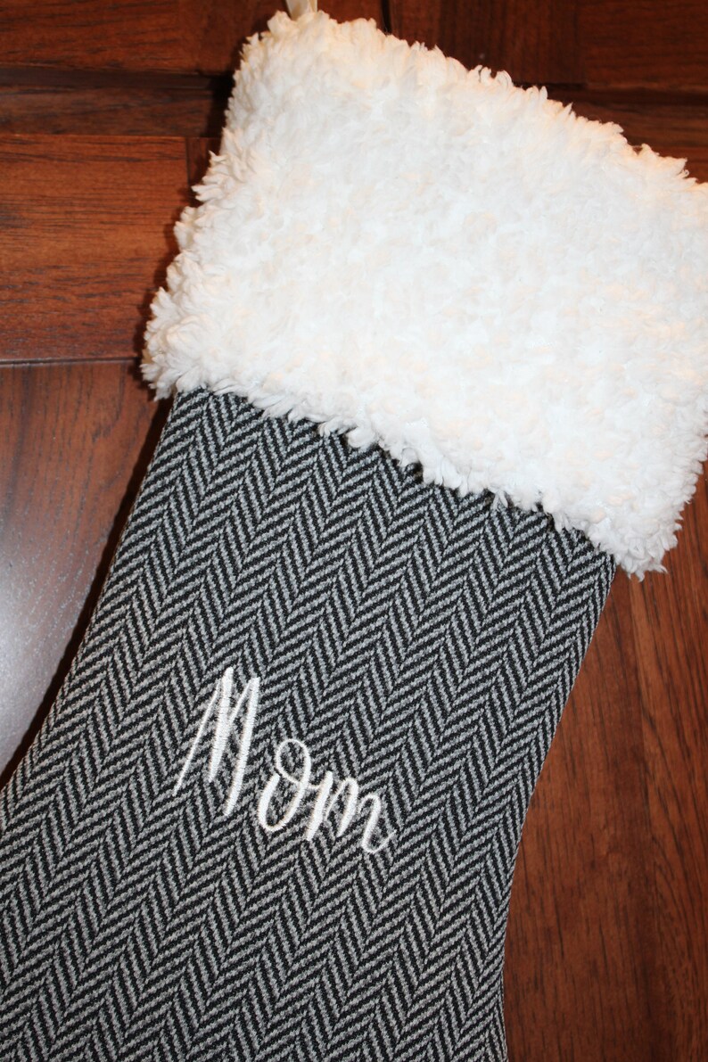 Black Gray Herringbone White Fur Christmas Stocking, Personalized ...