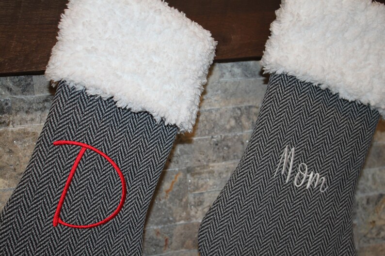 Black Gray Herringbone White Fur Christmas Stocking | Etsy