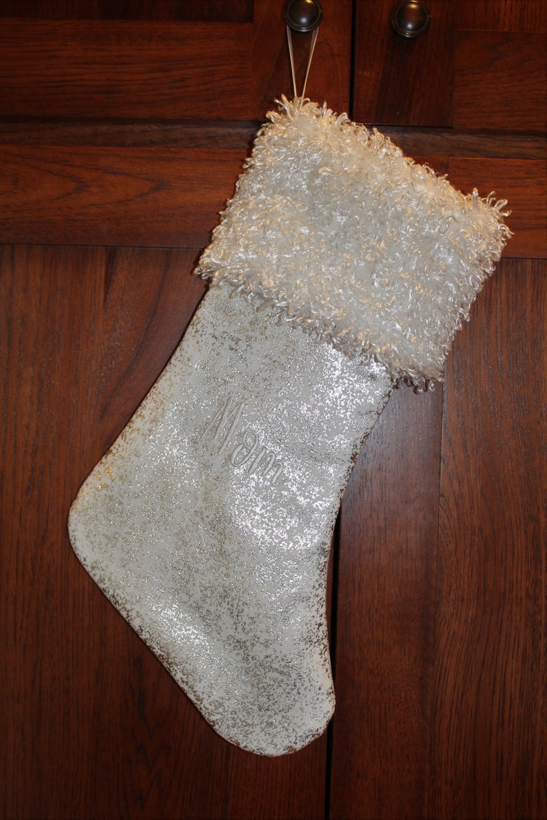 White Silver Fur Cuff Christmas Stocking Personalized Custom | Etsy
