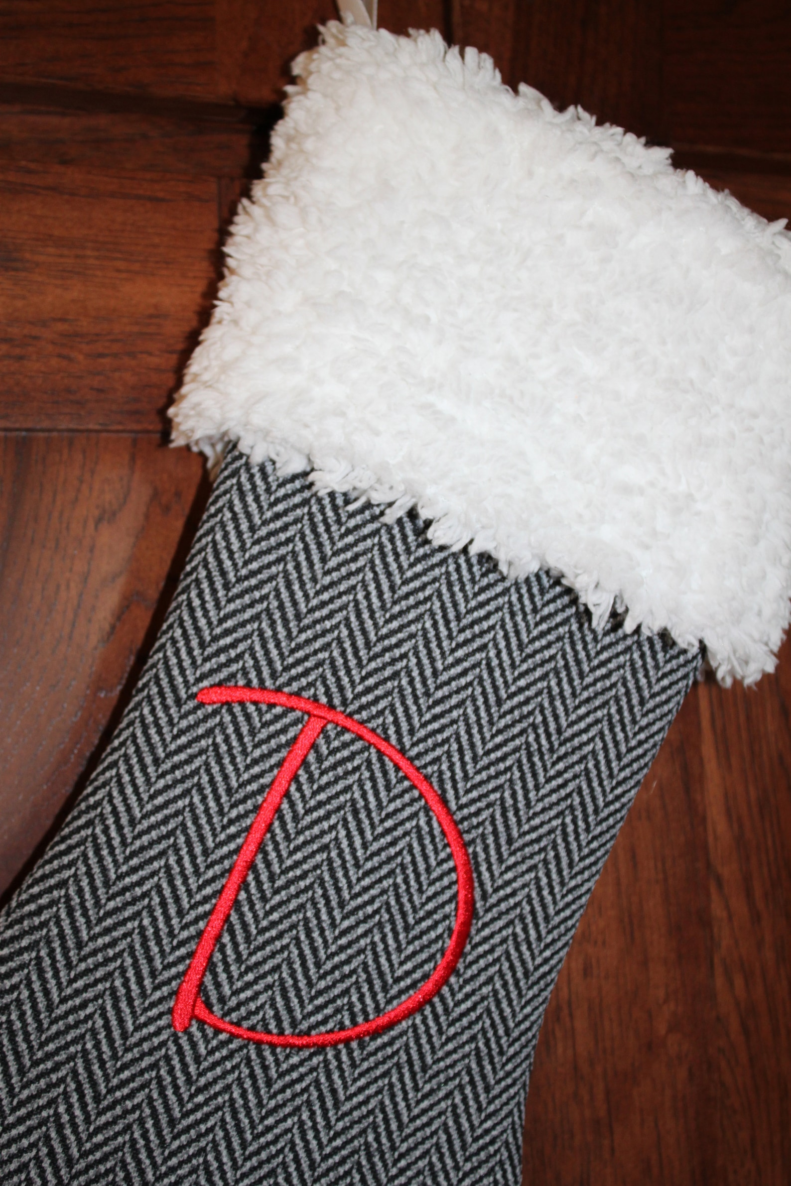Black Gray Herringbone White Fur Christmas Stocking, Personalized ...