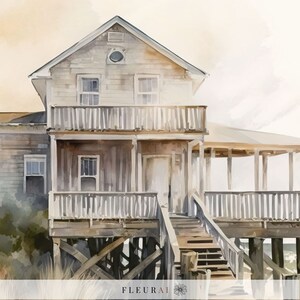 Coastal Farmhouse Watercolor Print 234 | Coastal Beach Print, Vintage ...