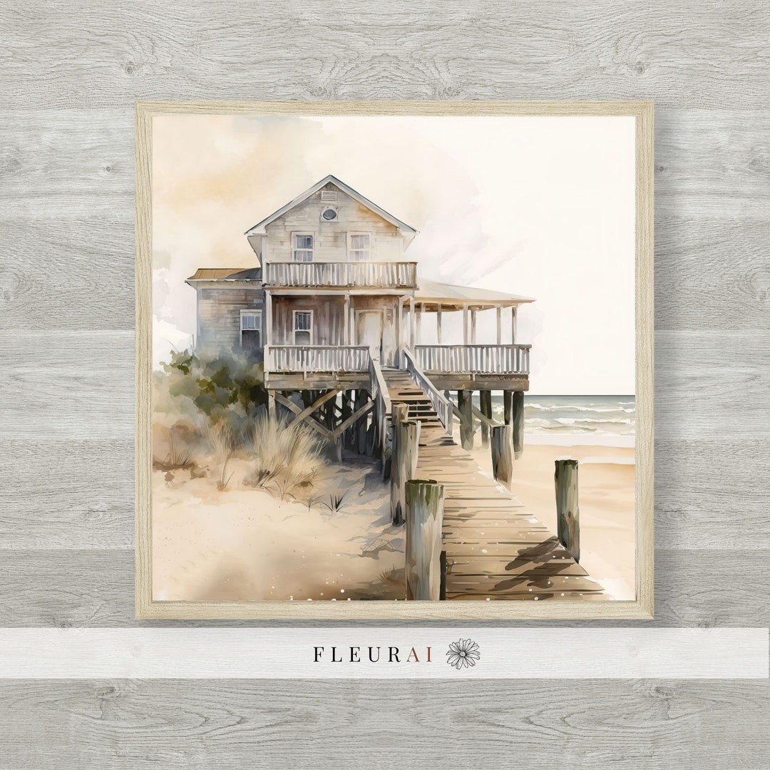 Coastal Farmhouse Watercolor Print 234 Coastal Beach Print, Vintage ...