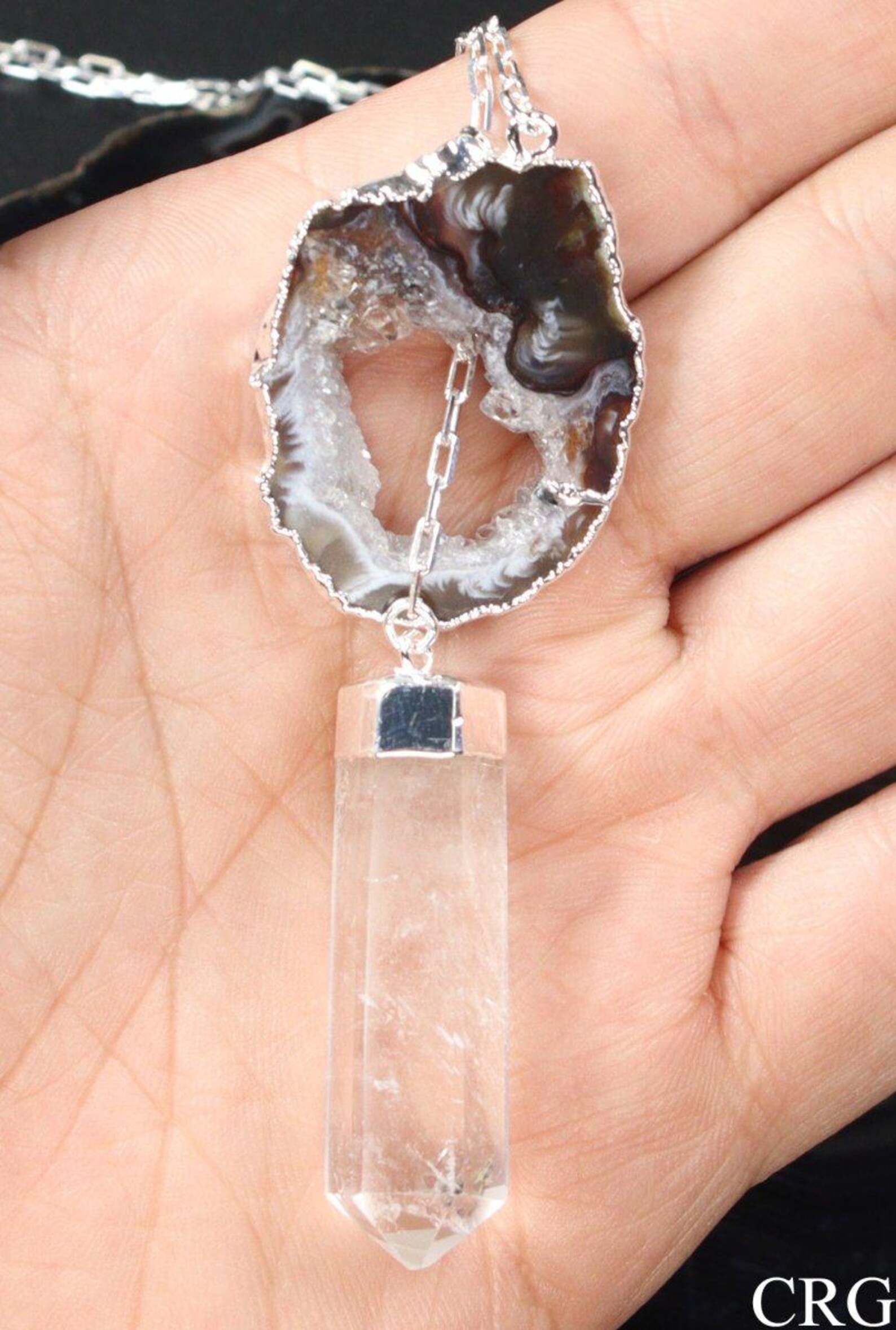 Oco Geode Necklace With Clear Quartz Point and Silver Plating (24 ...