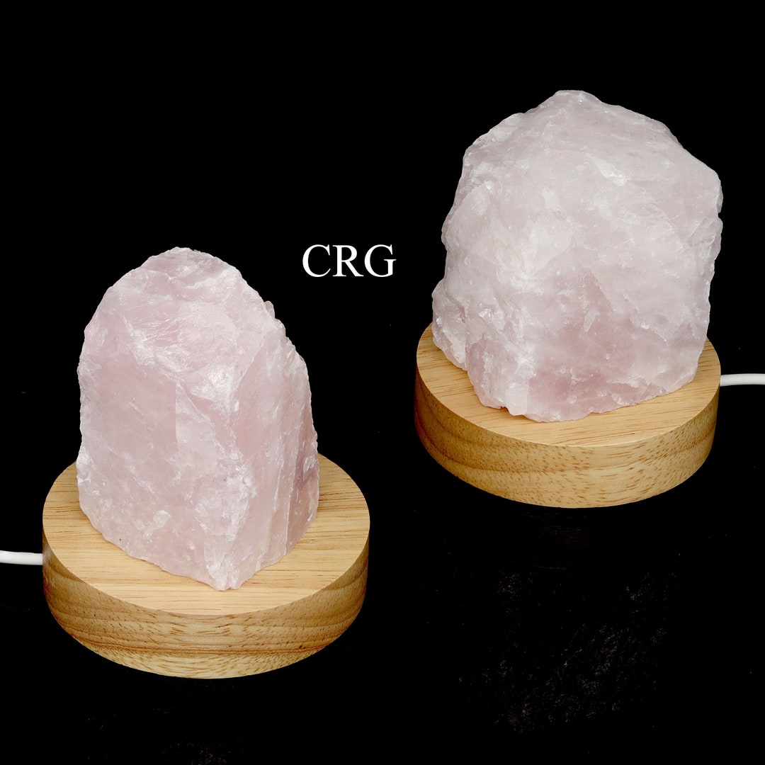 Rose Quartz Rough Lamp With Wooden Color Light Changing Base 2 Pieces ...