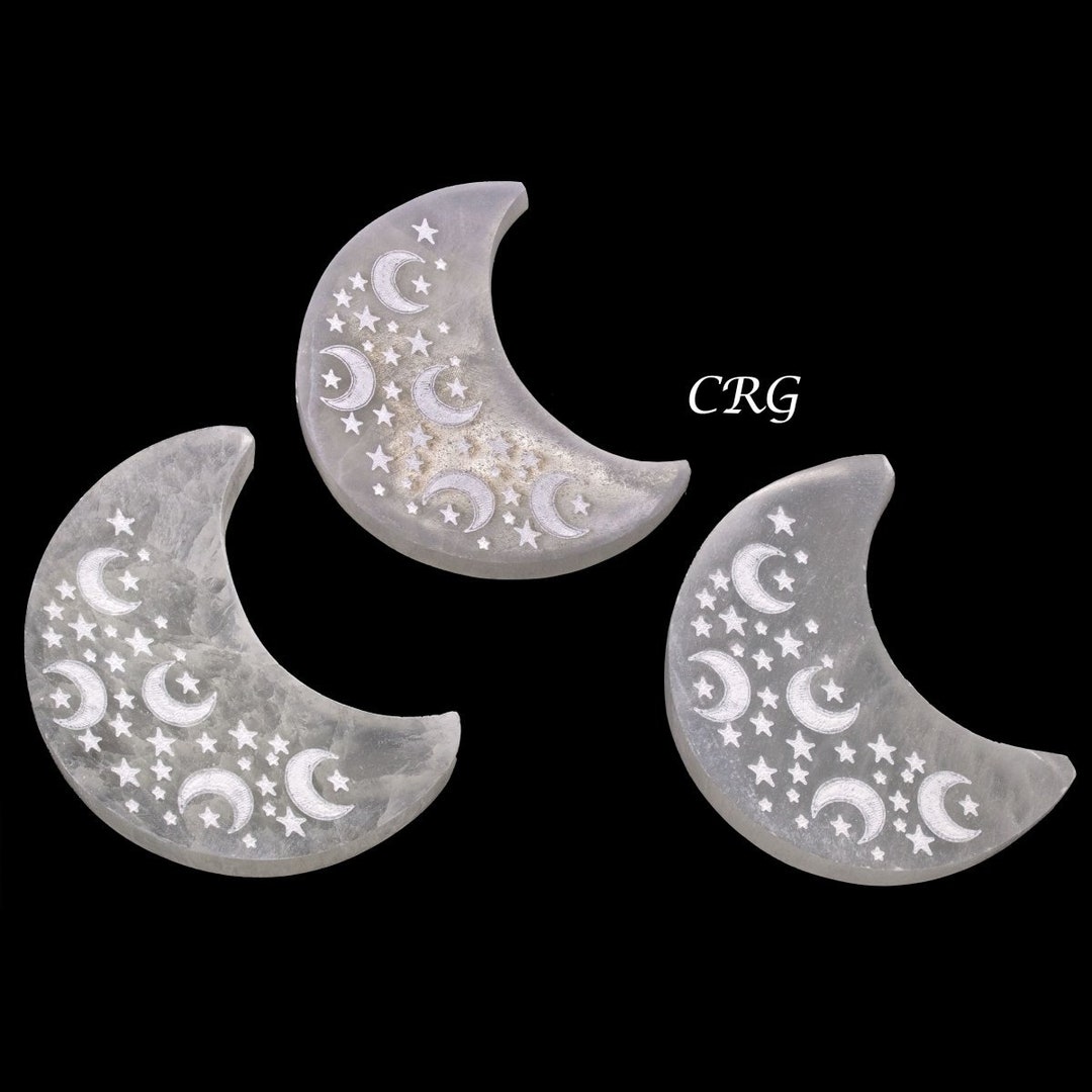 Selenite Crescent Moon Plate With Moon and Star Engravings, 10 ...