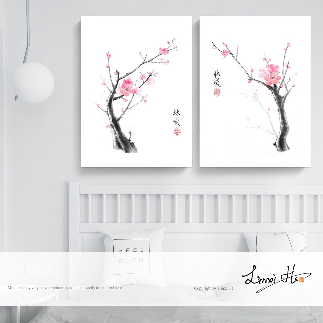 Cherry Blossom Painting Print,pink Flower Wall Decor,extra Large Set of ...