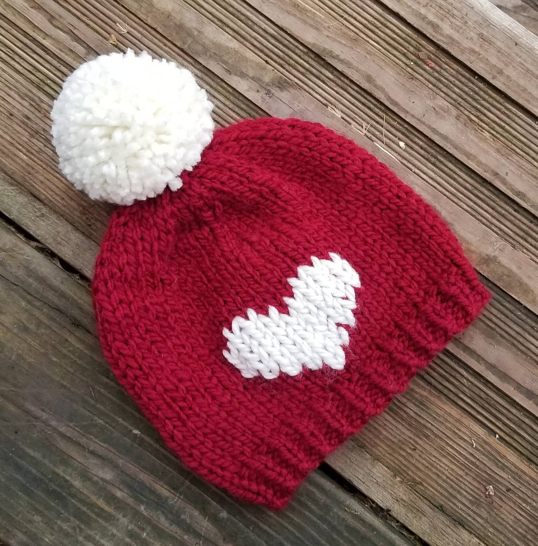 Child Knit Hat - Pom Pom Hat - Heart Baby Beanie - Child Bobble Hat ...