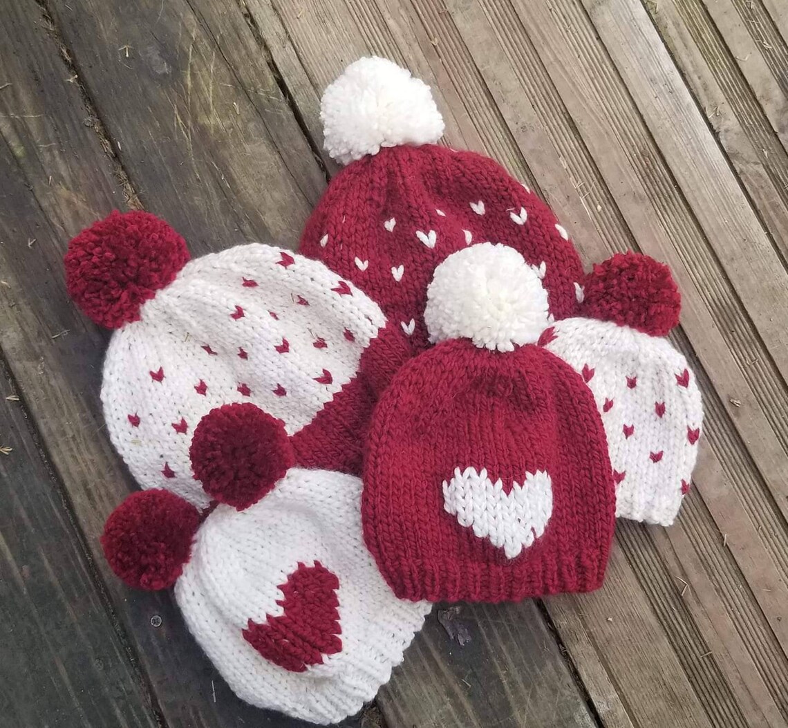 Child Knit Hat Pom Pom Hat Heart Baby Beanie Child Bobble Hat Baby Ski ...
