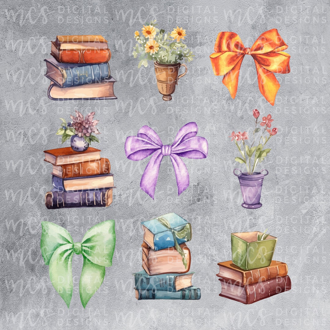 DIGITAL DOWNLOAD; Watercolor Books and Coquette Bows, Lover of Books ...