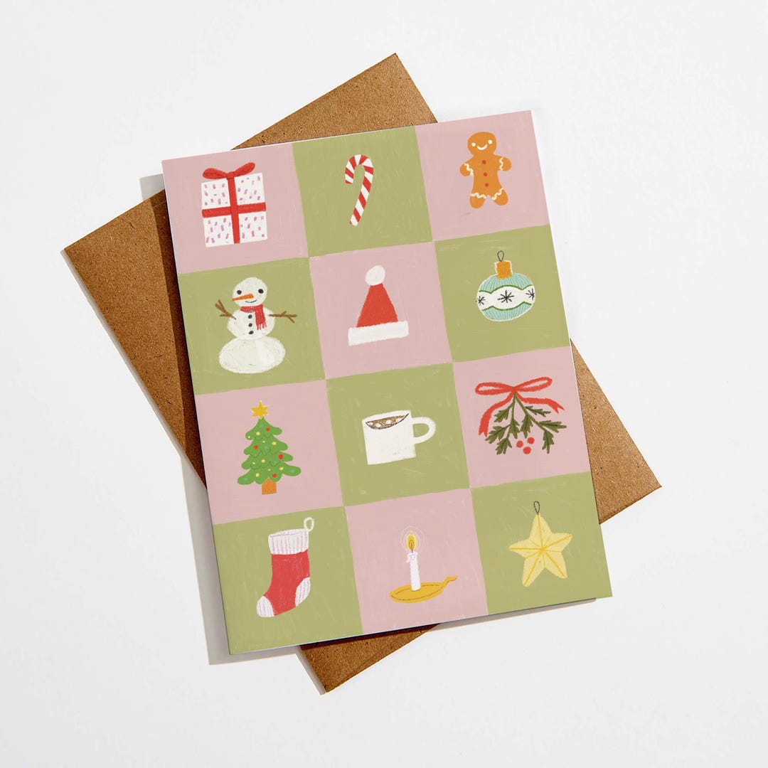 Hand Illustrated Christmas Cards - Checkered Holiday Card - Etsy
