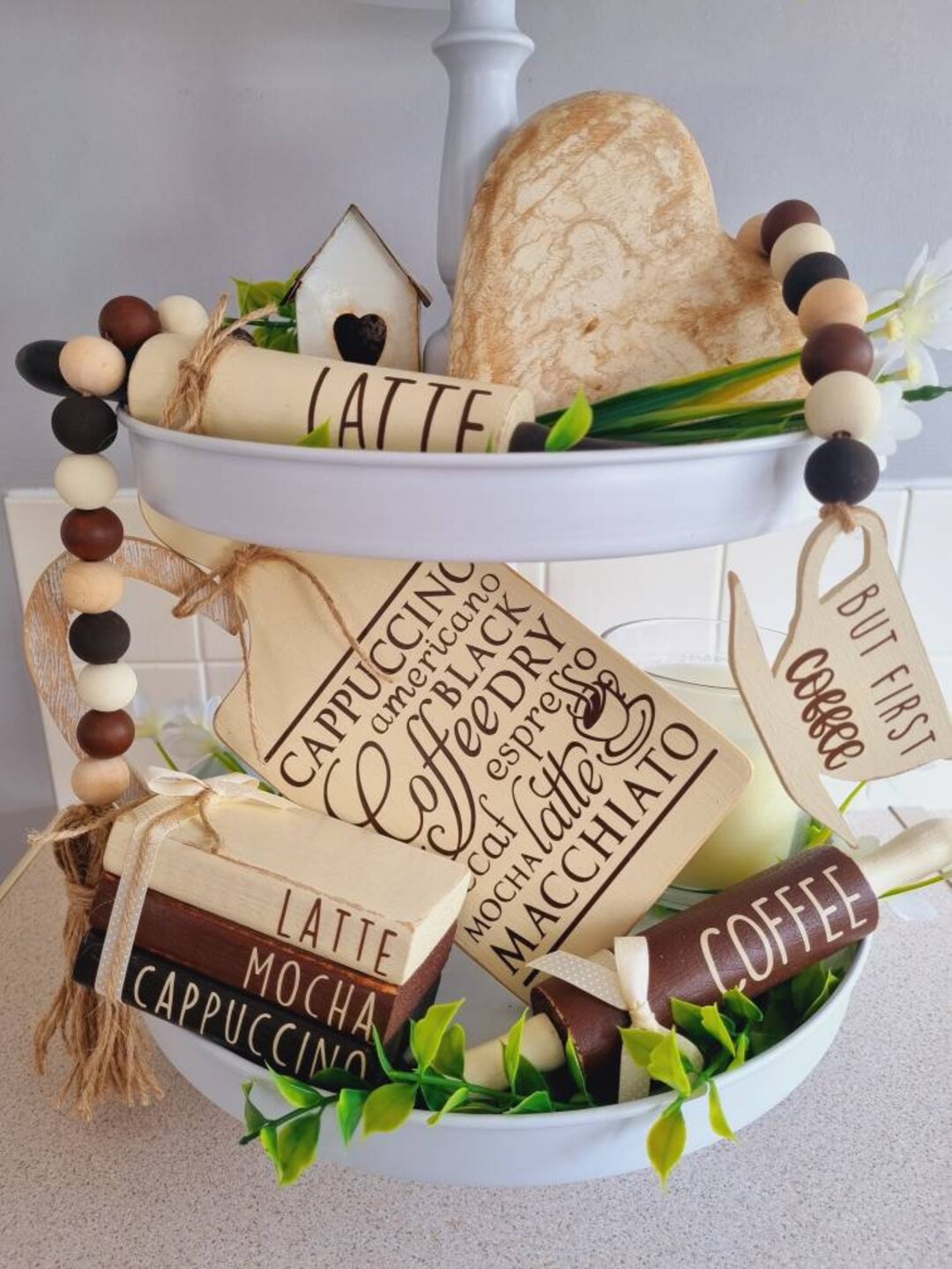 Coffee TIERED TRAY DECOR Tier Tray Decor Pieces Bead Garland, Book ...