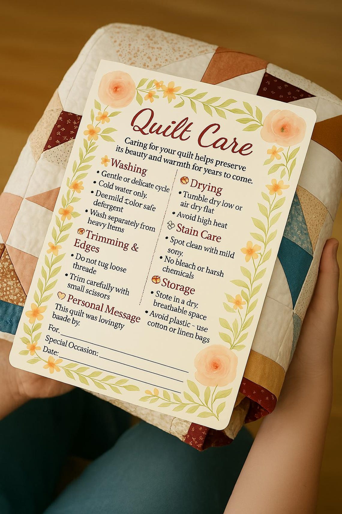 Quilt Care Cards Pdf-printable With Cut Lines-diy Gift Labels-instant ...