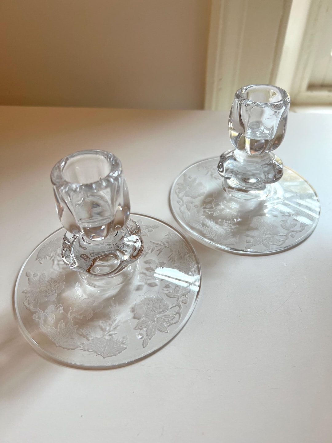 Duncan & Miller Vintage Etched Glass Candlestick Holders - Etsy