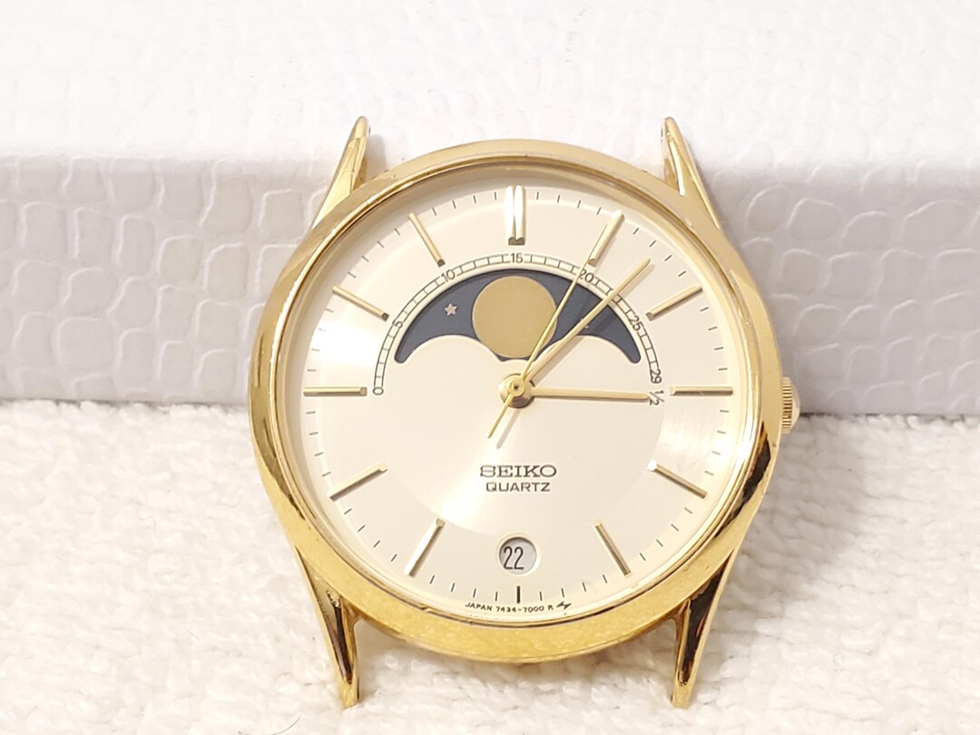 Vintage Seiko Moon Phase Date Men's Watch Gold Tone Stainless Steel Two ...