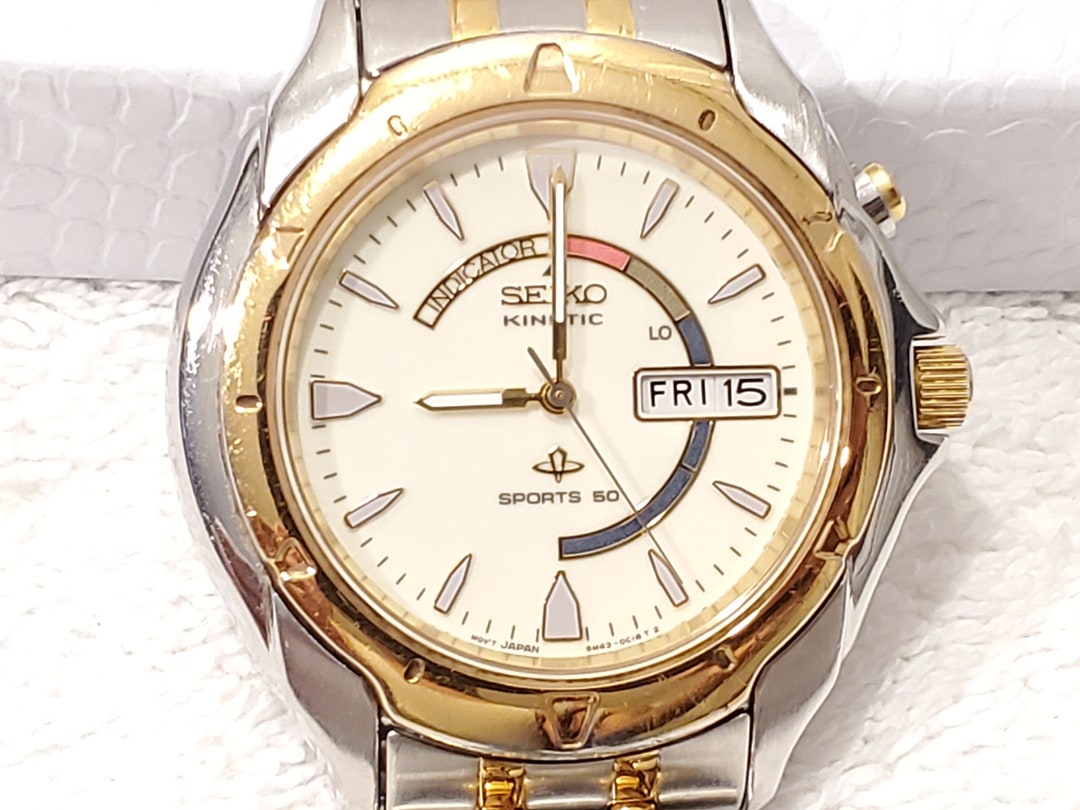 Seiko Kinetic Men's Day Date Watch Stainless Steel Gold Tone Six Jewels Sports 50 Luminous Dial ...