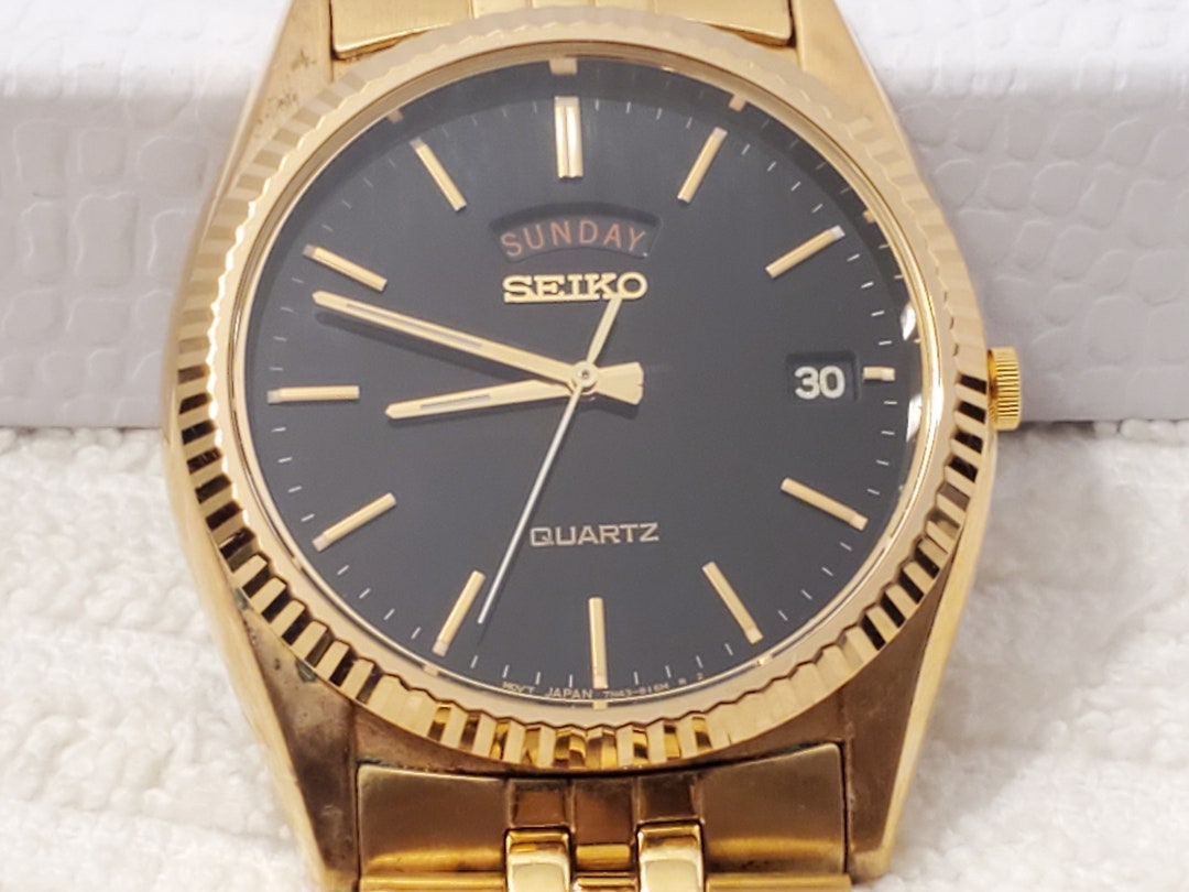 Vintage Seiko Men's Presidential Day Date Quartz Watch Black Dial Gold Tone SS - Etsy