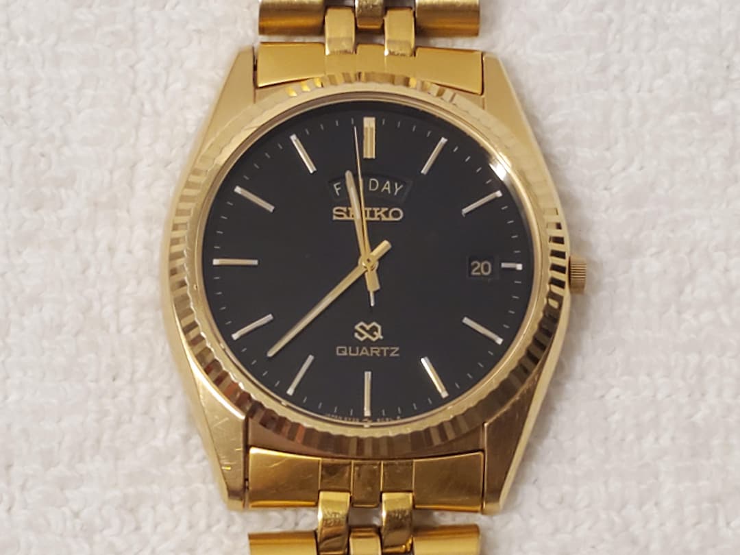 Vintage Seiko SQ Men Day Date Black Dial Watch 1 Jewel Gold Tone ...