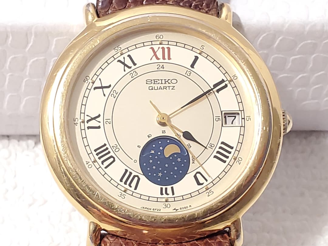 Vintage Seiko Moon Phase Men's Date Gold Plated Watch One Jewel Leather ...