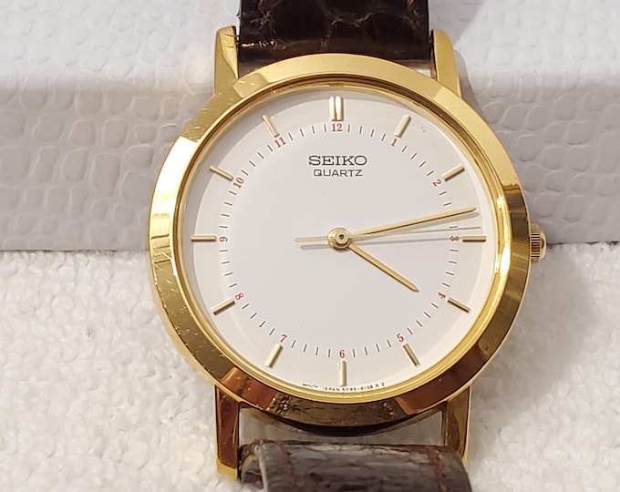 Vintage Seiko Men's Gold Tone Quartz Watch Brown Leather Band 1 Jewel White Dial - Etsy