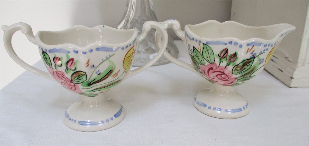 Vintage Blue Ridge SUGAR & CREAMER Footed VERNA Roses Floral Southern ...