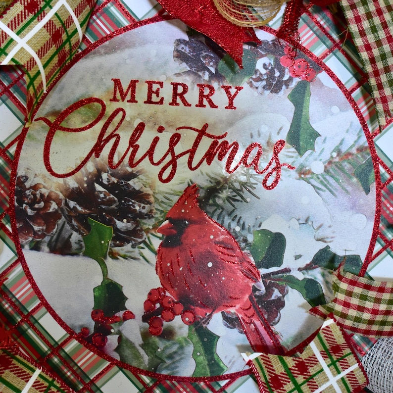 Christmas Cardinal Wreath, Plaid Ribbons, Holiday Front Door Decor - Etsy