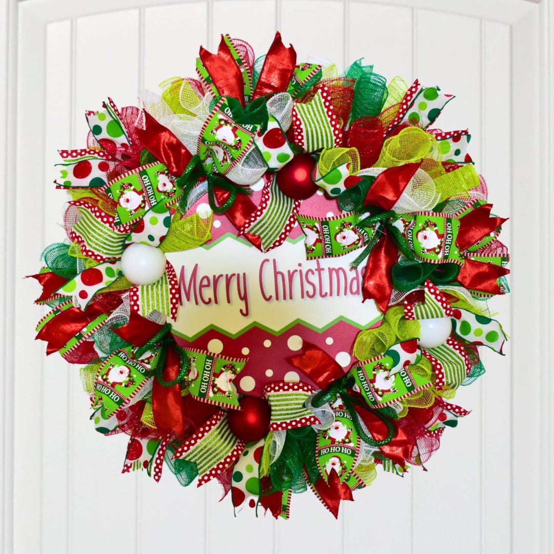 Traditional Santa Christmas Wreath, Red Green White Deco Mesh Door ...