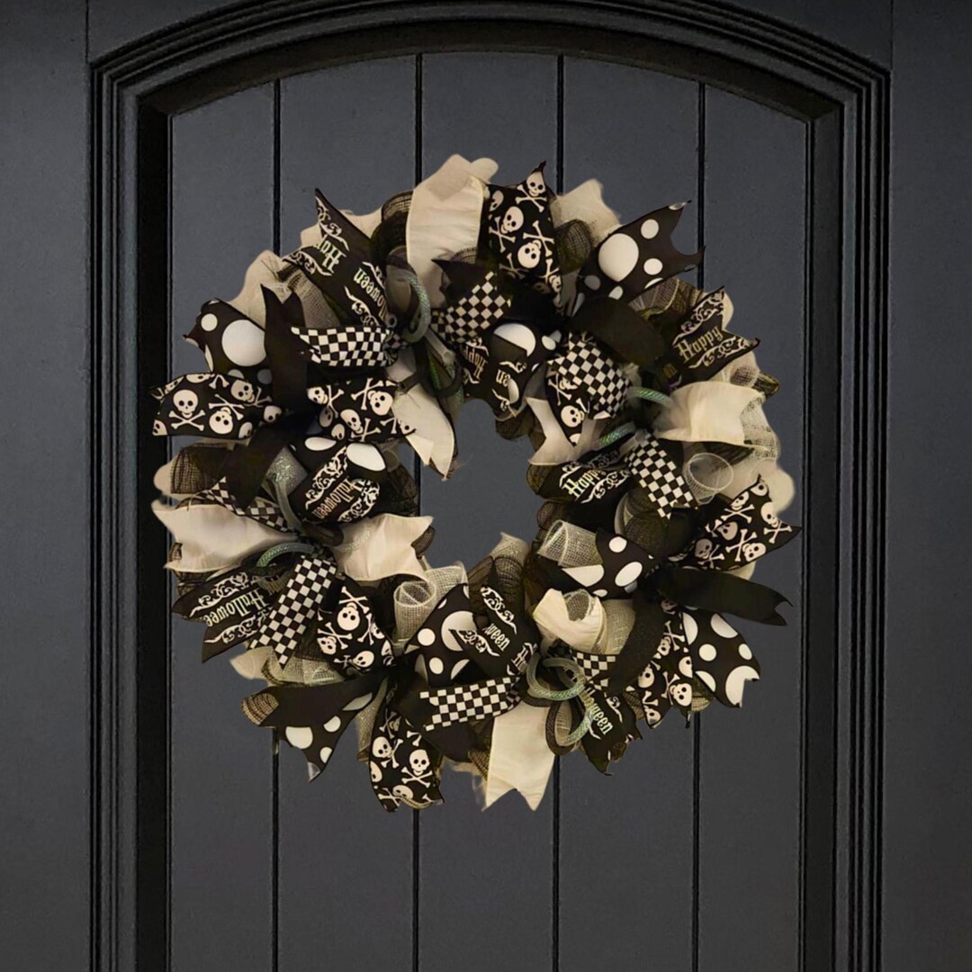 Skull and Bones Halloween Wreath, Black & White Deco Mesh, Front Door ...