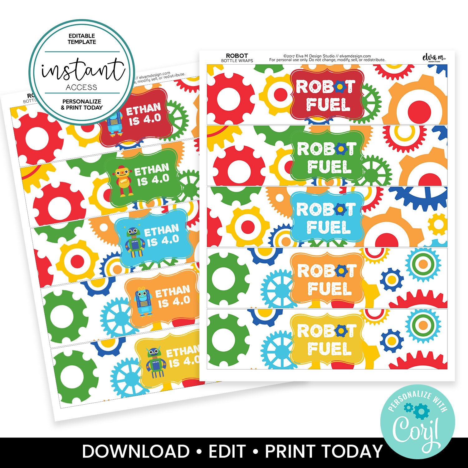 Editable Robot Bottle Wraps. Robot Birthday Party Water Bottle Labels ...