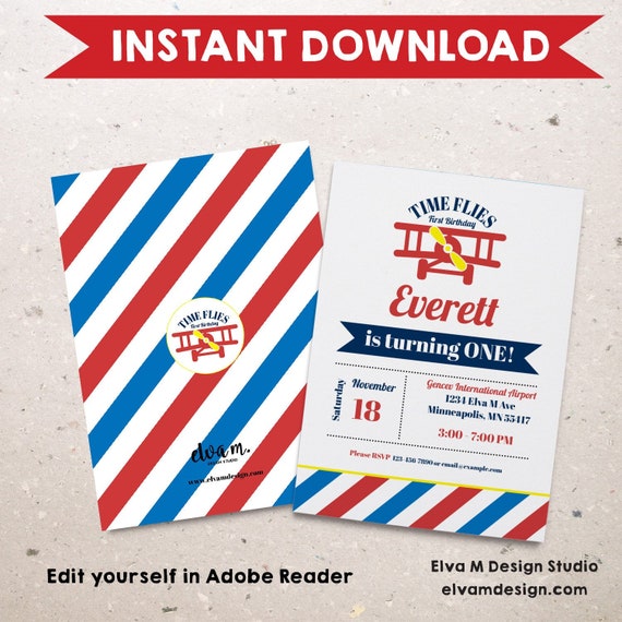 Time Flies First Birthday Party Invitation. Instant Download - Edit ...