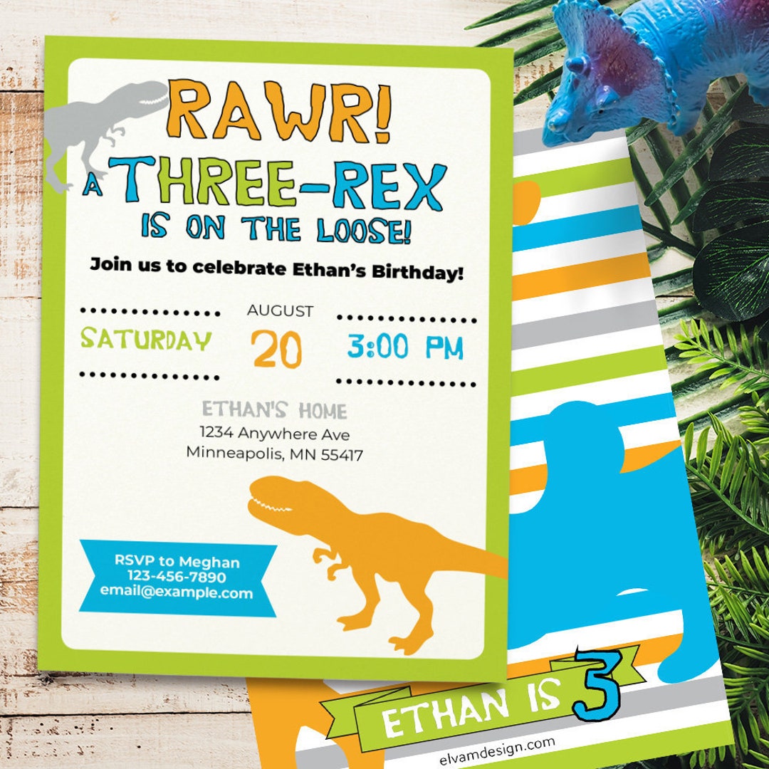 Three-rex Dinosaur Birthday Invitation, Editable PDF (instant Download ...