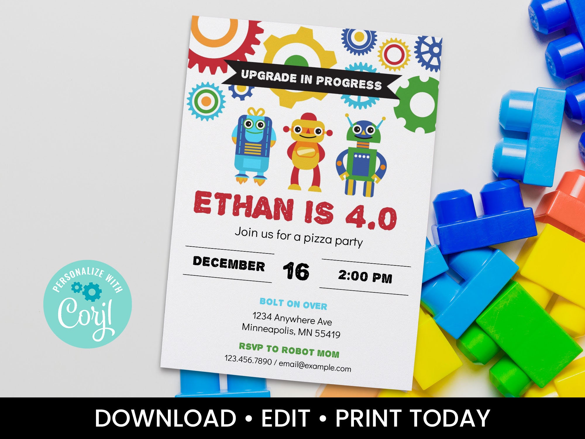 Robot Birthday Invitation. Kids Birthday Party. Robot Birthday Party ...
