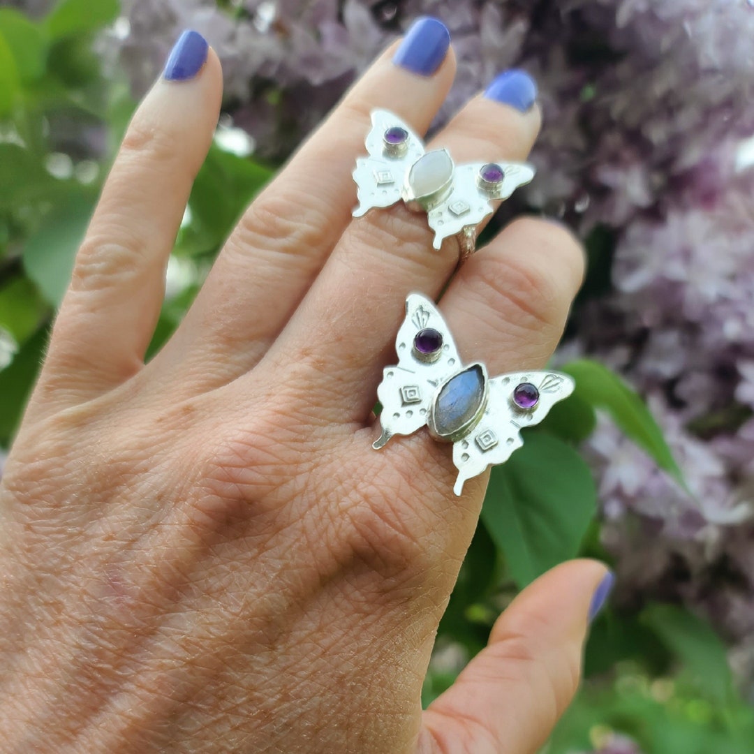 Sterling Silver Butterfly Statement Ring // Bold Gemstone Ring// Moth ...