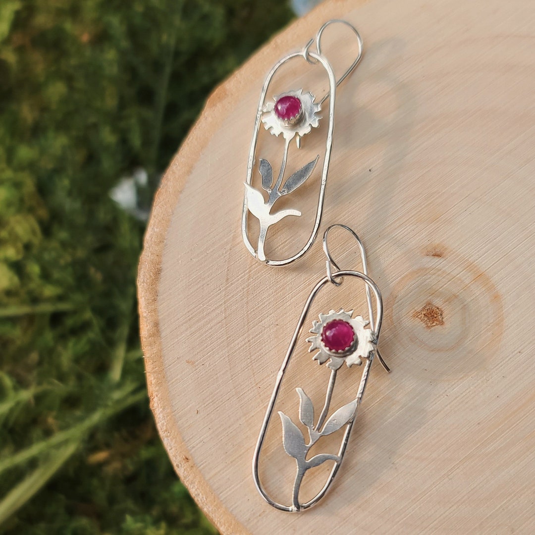 Sterling Silver Cosmo Flower & Pink Sapphire Earrings// Botanical ...
