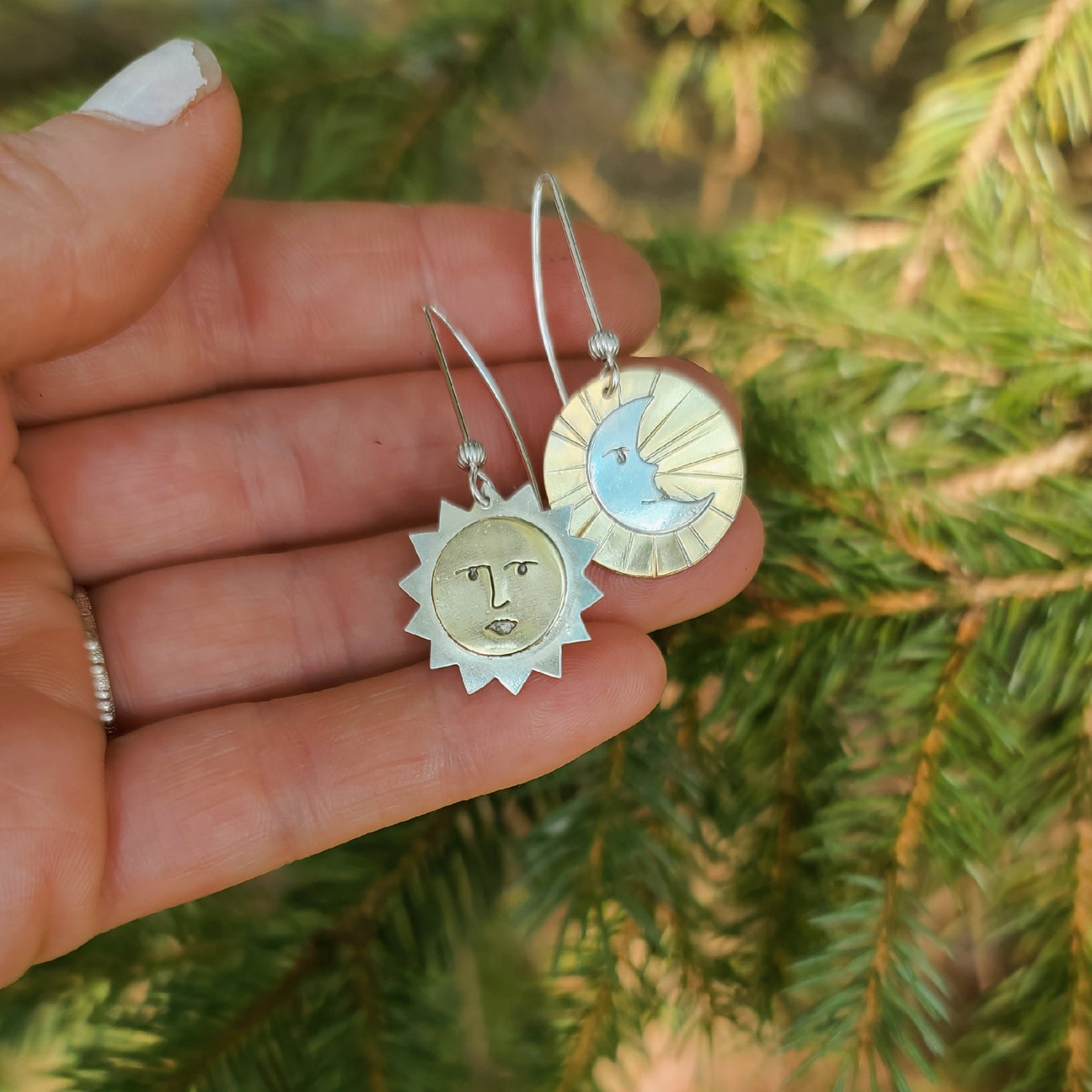Mismatch Celestial Sun & Moon Earrings/ Two Tone Mismatch Boho Earring ...