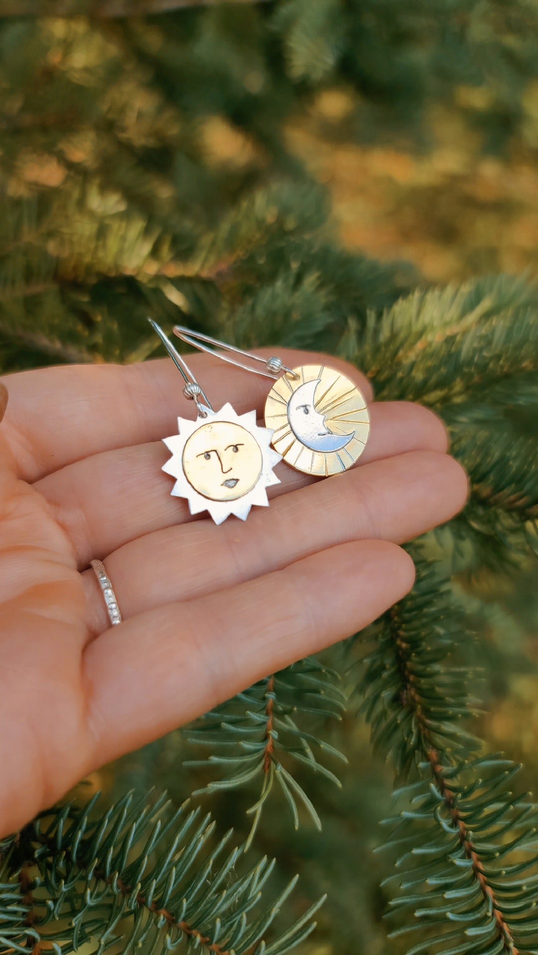 Mismatch Celestial Sun & Moon Earrings/ Two Tone Mismatch Boho Earring ...