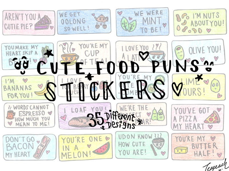 Cute Food Puns Love Illustrated Sticker Set: 3-35 Assorted Glossy ...